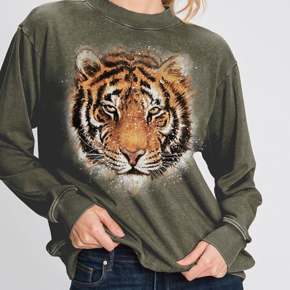 HRT&LUV | Tops | Tiger Face Graphic Sweatshirt Mineral Olive | Poshmark